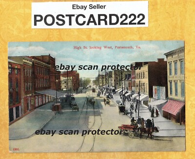 VA Portsmouth 1908-14 antique postcard HIGH ST BUILDINGS & TROLLEY CAR ...