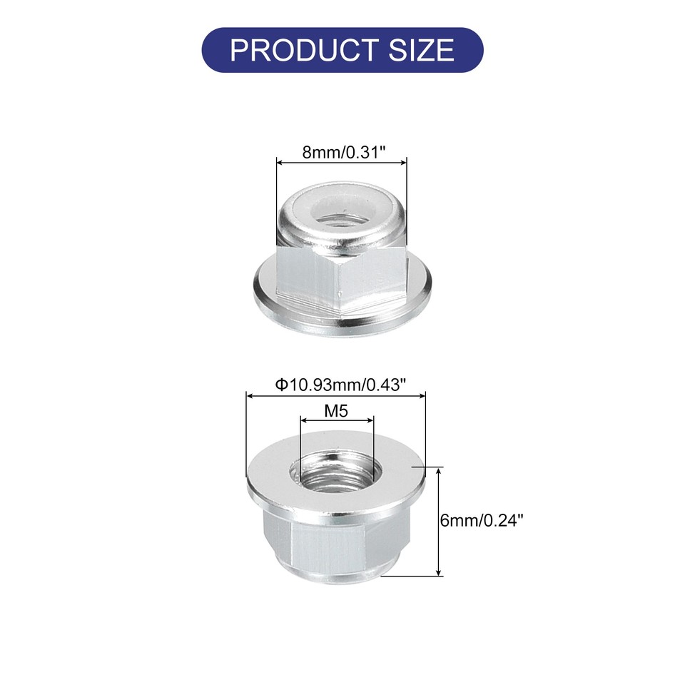 M5x0.8mm Flange Nylon Insert Lock Nuts, 50Pcs Aluminum Alloy, Silver ...