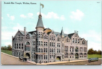 WICHITA, KANSAS POSTCARD Scottish Rite Temple, Hearse and Horse At The ...