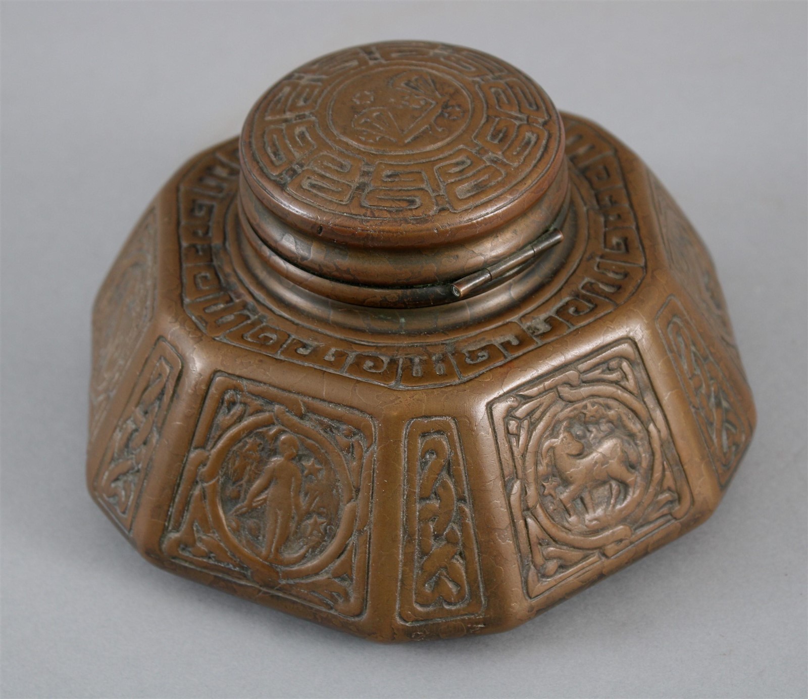 c1900 Antique Tiffany Studios NY #1072 Bronze ZODIAC Desktop Inkwell ...