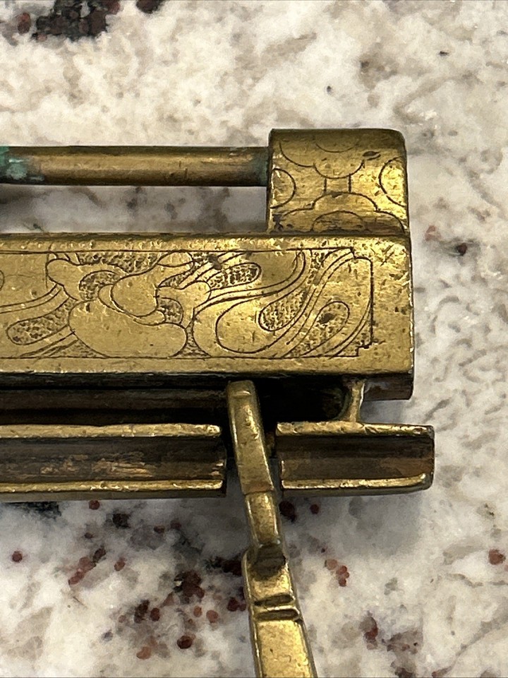 Antique 3” by 2” Brass Engraved Chinese Lock & Key, Early 20th Century ...