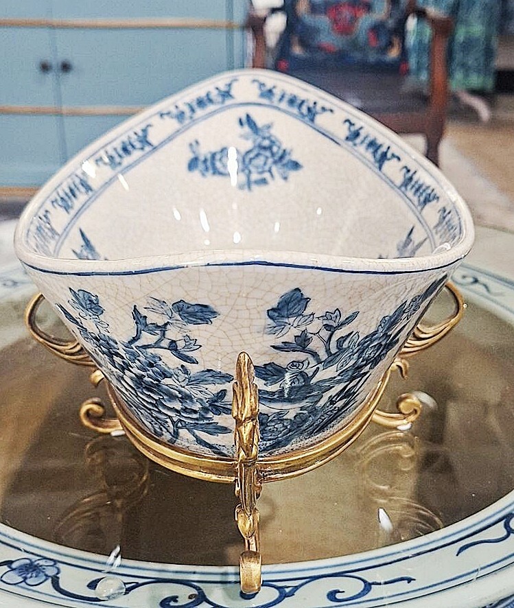 Blue, White Porcelain Elongated Planter/Basin.Hand Painted.Bronze ...