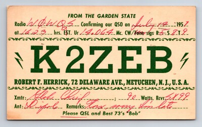 Vintage Ham Radio CB Amateur QSL QSO Postcard K2ZEB Metuchen, New ...