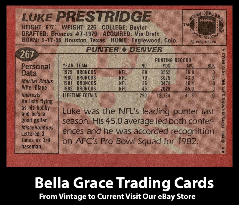 1983 Topps Luke Prestridge #267 Denver Broncos NFL Football | eBay