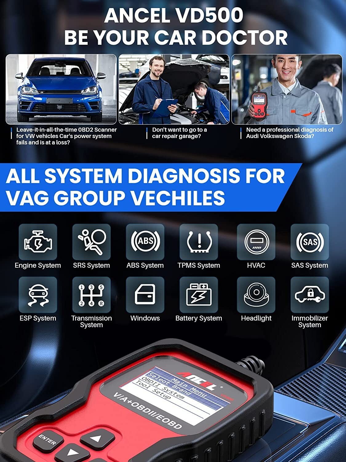 ANCEL VD500 OBD II Diagnostic Scanner Check Engine,EPB, ABS, SRS,Oil ...