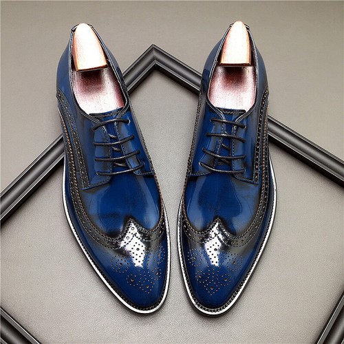 Mens Pointed Toe Brogues Carved Wing Tip Lace Up Real Leather Formal ...