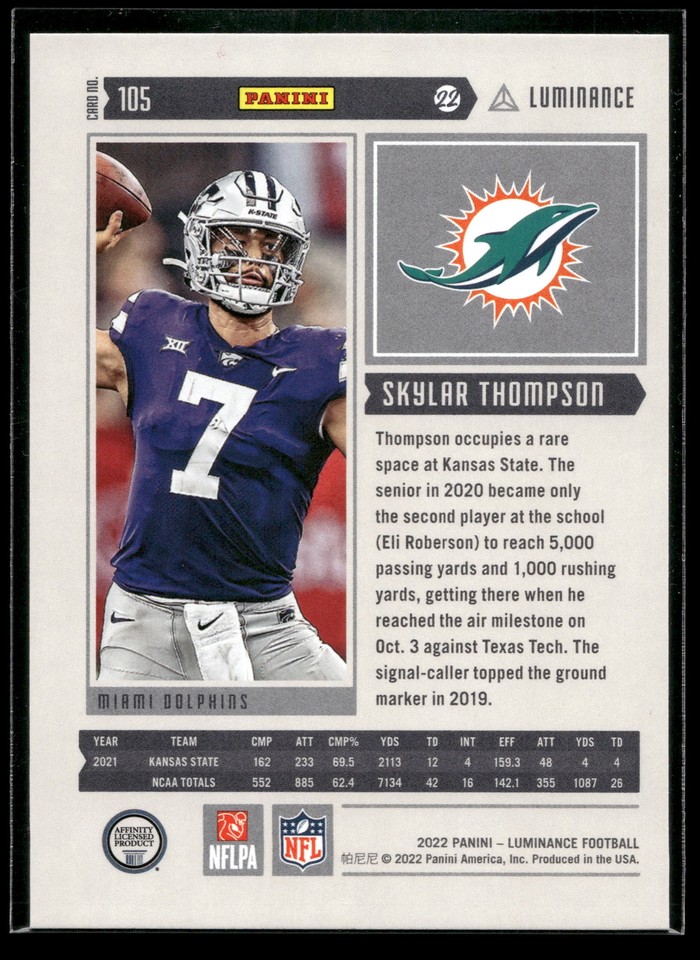 2022 Panini Luminance Skylar Thompson ROOKIE CARD Miami Dolphins #105 ...