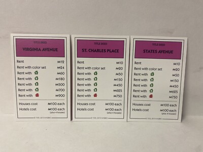 Monopoly Replacement Pcs 2013 PURPLE PROPERTY CARDS St Charles States ...