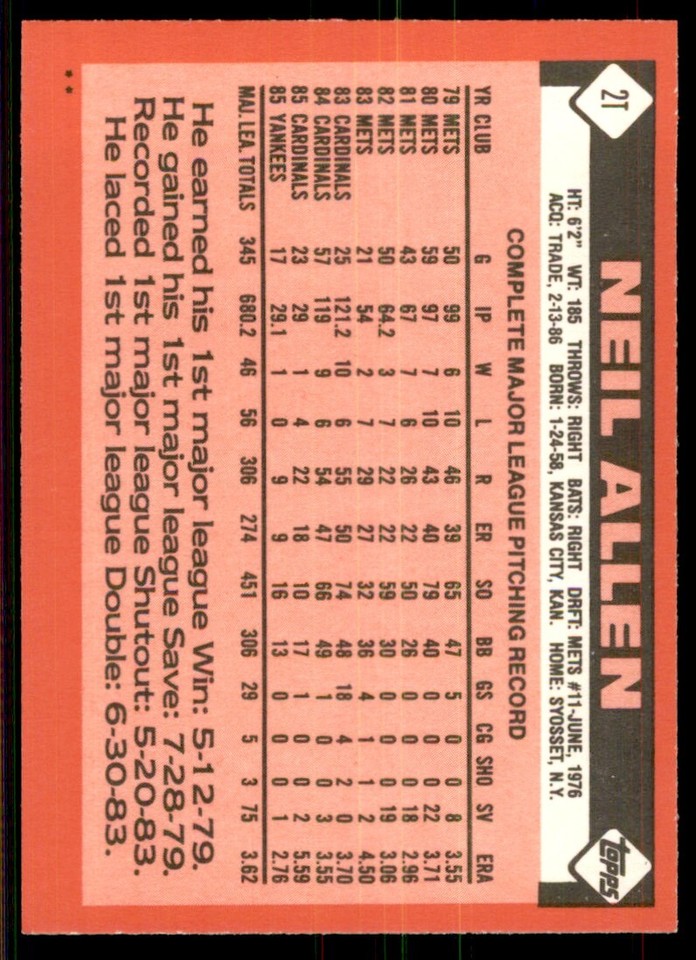 1986 Topps Traded. Neil Allen Baseball Cards #2T | eBay