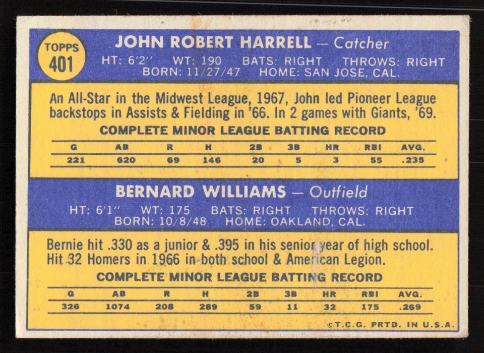 1970 Topps #401 Giants Rookie John Harrell Bernie Williams Card TCCCX ...
