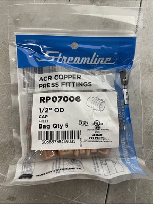 Streamline Rp07006 Refrigeration Press Fitting 1/2” OD CAP Press Qty 5 ...