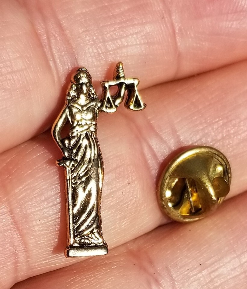 VTG PIN: 1" Gold Color Metal LADY JUSTICE IS BLIND w/SCALES & SWORD ...