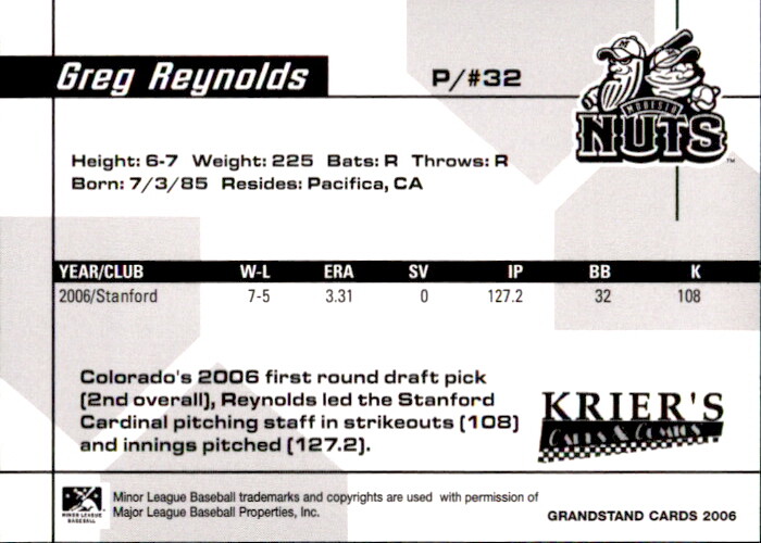 2006 Modesto Nuts Grandstand #32 Greg Reynolds Pacifica California ...