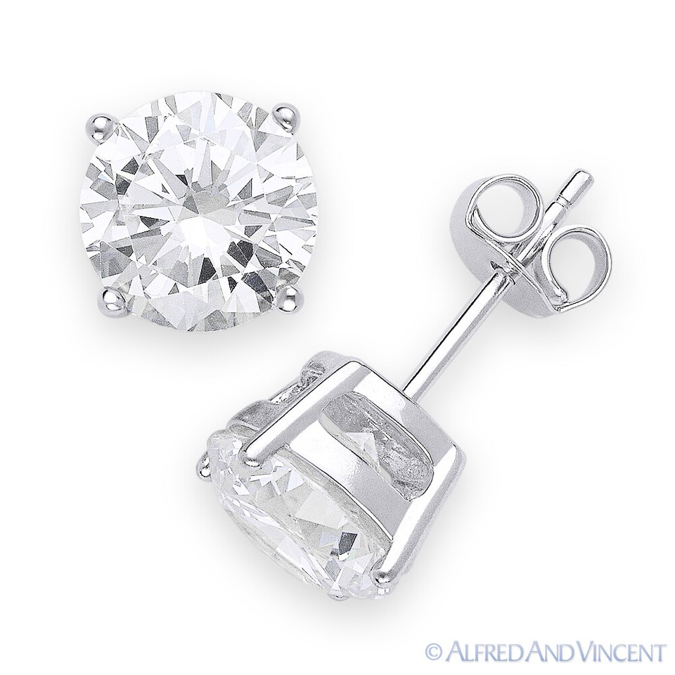 Round Brilliant Cut Cubic Zirconia CZ Crystal .925 Sterling Silver Stud ...
