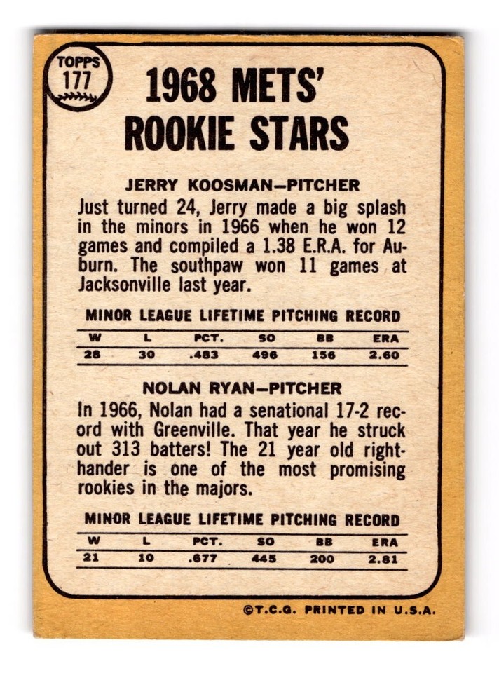 1968 Topps Baseball - 1968 Rookie Stars #177 Nolan Ryan Jerry Koosman ...