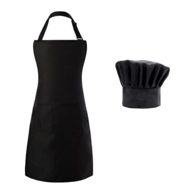 Chef Apron Hat Set for Women and Men, Adjustable Bib Apron with 2 Black ...