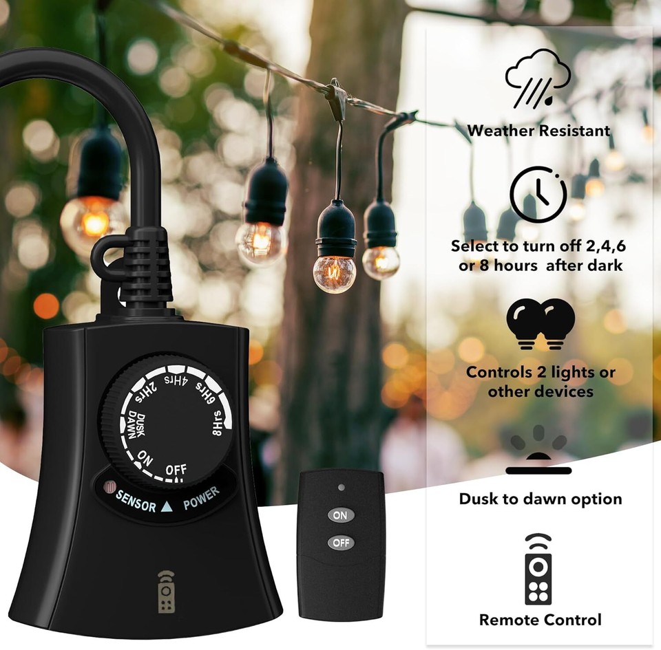 HBN Outdoor Light Timer Waterproof, Photocell Dusk to Dawn Light Sensor ...