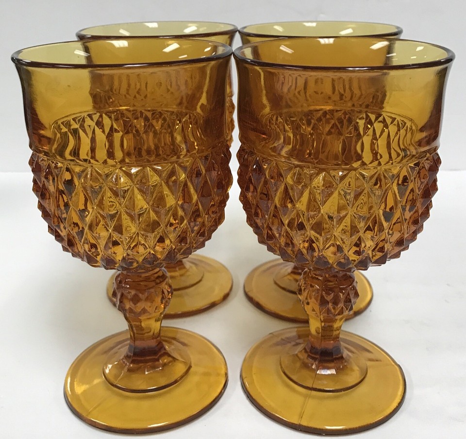 Vtg Amber Indiana Glass Goblet Wine Glass 8oz Diamond Point Set Of 4 | eBay