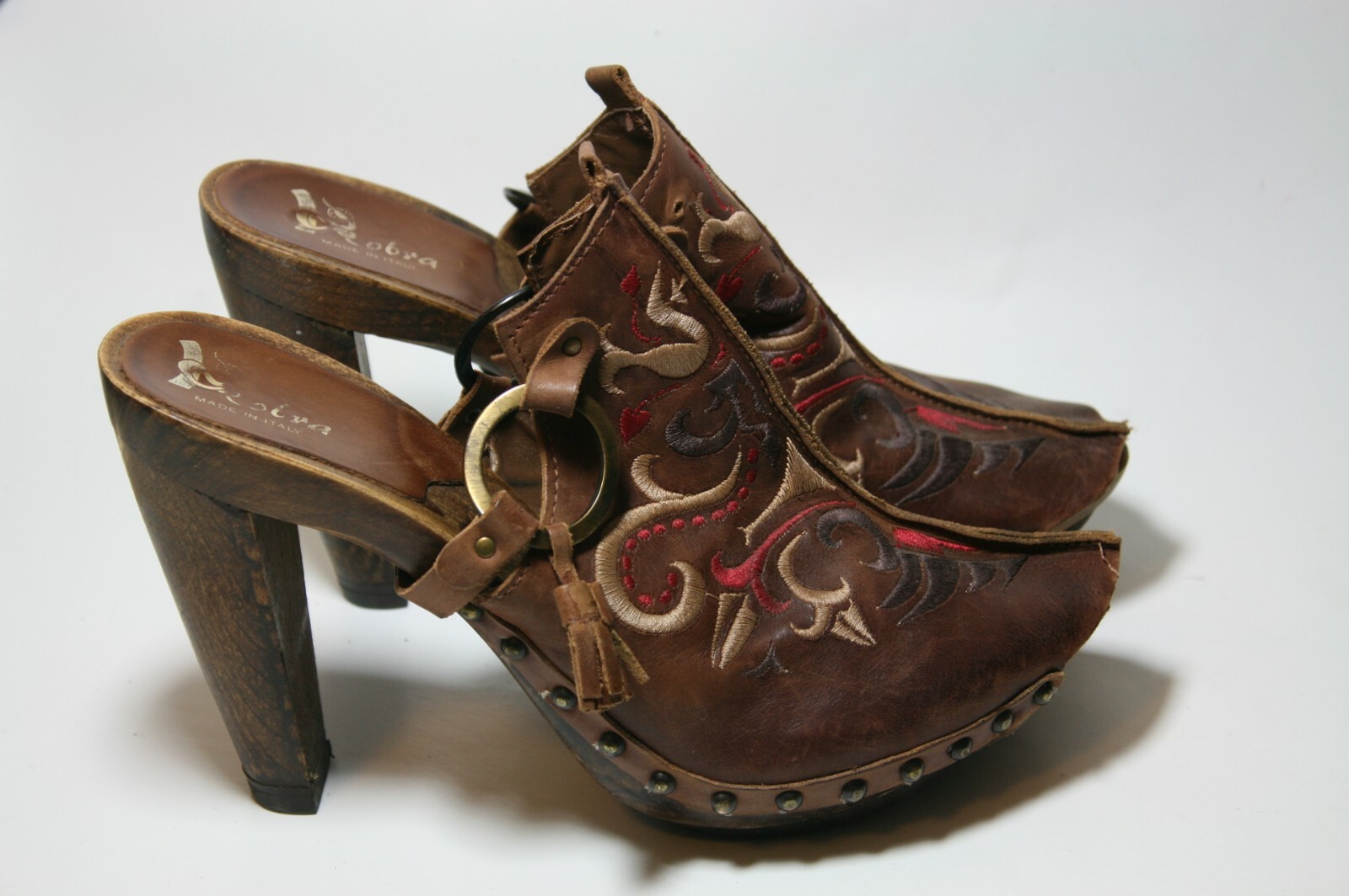 KOBRA SHOES EMBROIDERED LEATHER CLOG HEELS BOHO PEEP TOE MULES 41 ITALY ...