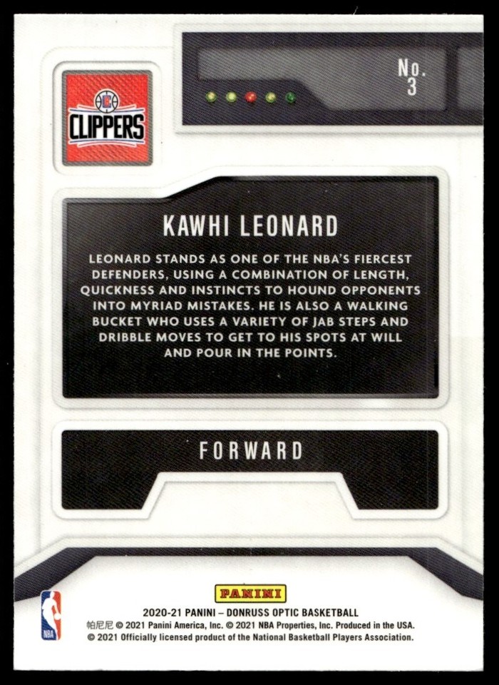 2020-21 Donruss Optic T-Minus Kawhi Leonard G97 Los Angeles Clippers #3 ...