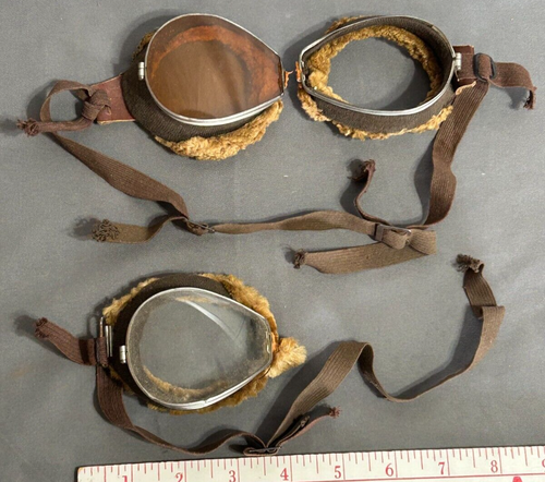 Lot WWI WWII Aviator Pilot Ski GOGGLES CPC leather fur AMBER Clear ...