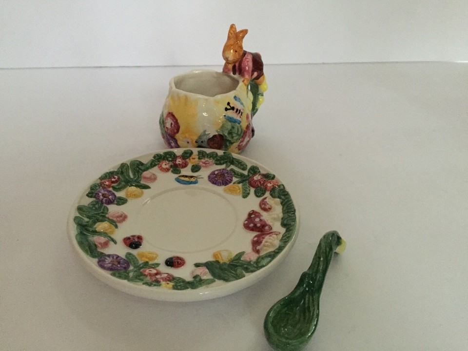 Merc Asia 1999 Bunny Rabbit Garden Party Sugar Creamer Cup Saucer Spoon ...