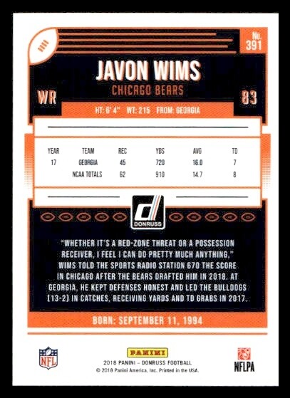 2018 Donruss #391 Javon Wims Rookie Chicago Bears | eBay