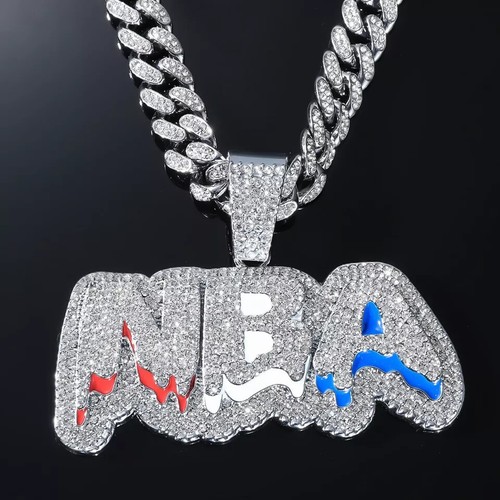 Hip Hop NBA Silver Plated Cubic Zirconia Pendant 20" Iced Cuban Chain ...