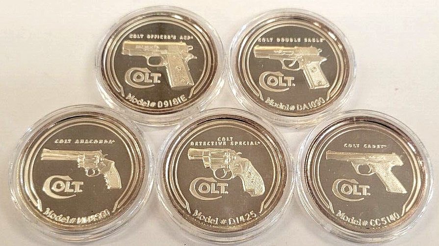 (5) Colt Hand Guns 1 Troy Ounce .999 Fine Silver Rounds Anaconda ...