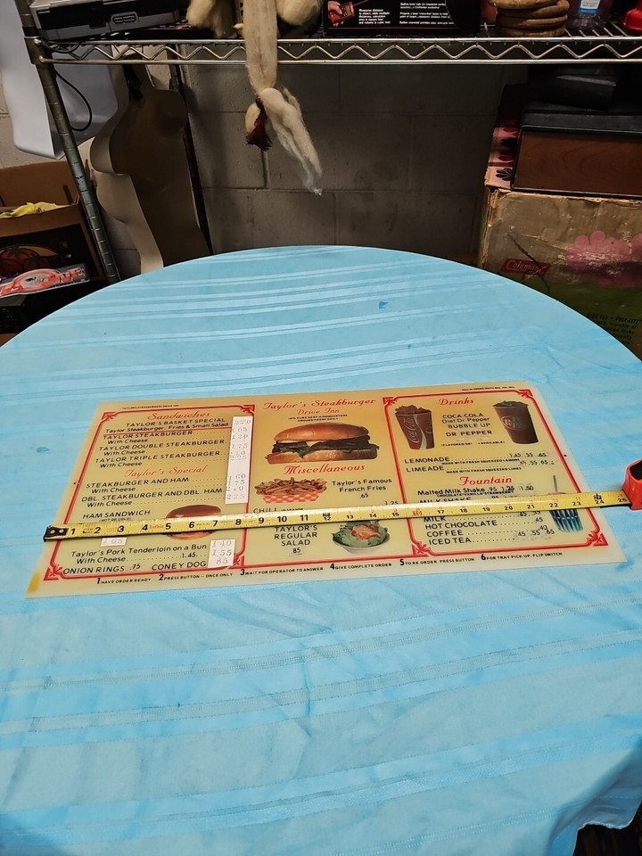 Vintage Taylor's Steakbuger Drive Inn Nostalgic Retro Diner Menu Board ...