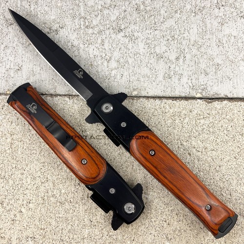Falcon Classic Black and Cherry Wood Spring Assisted Stiletto Knife 3. ...