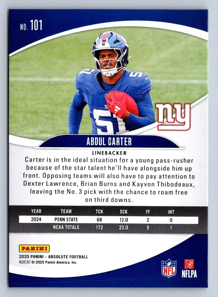 Abdul Carter 2025 Panini Absolute #101 Purple Rookie New York Giants | eBay