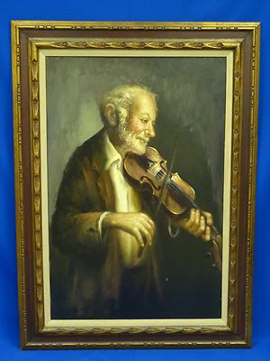 FABULOUS EARLY 20c. SIGNED (ILLEGIBLE) OIL PAINTING OF FIDDLE PLAYER ...