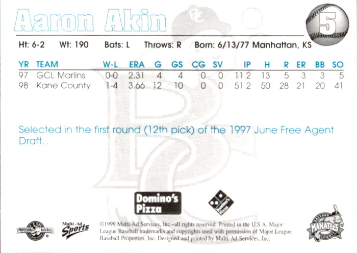 1999 Brevard County Manatees Multi-Ad #5 Aaron Akin Manhattan Kansas KS ...