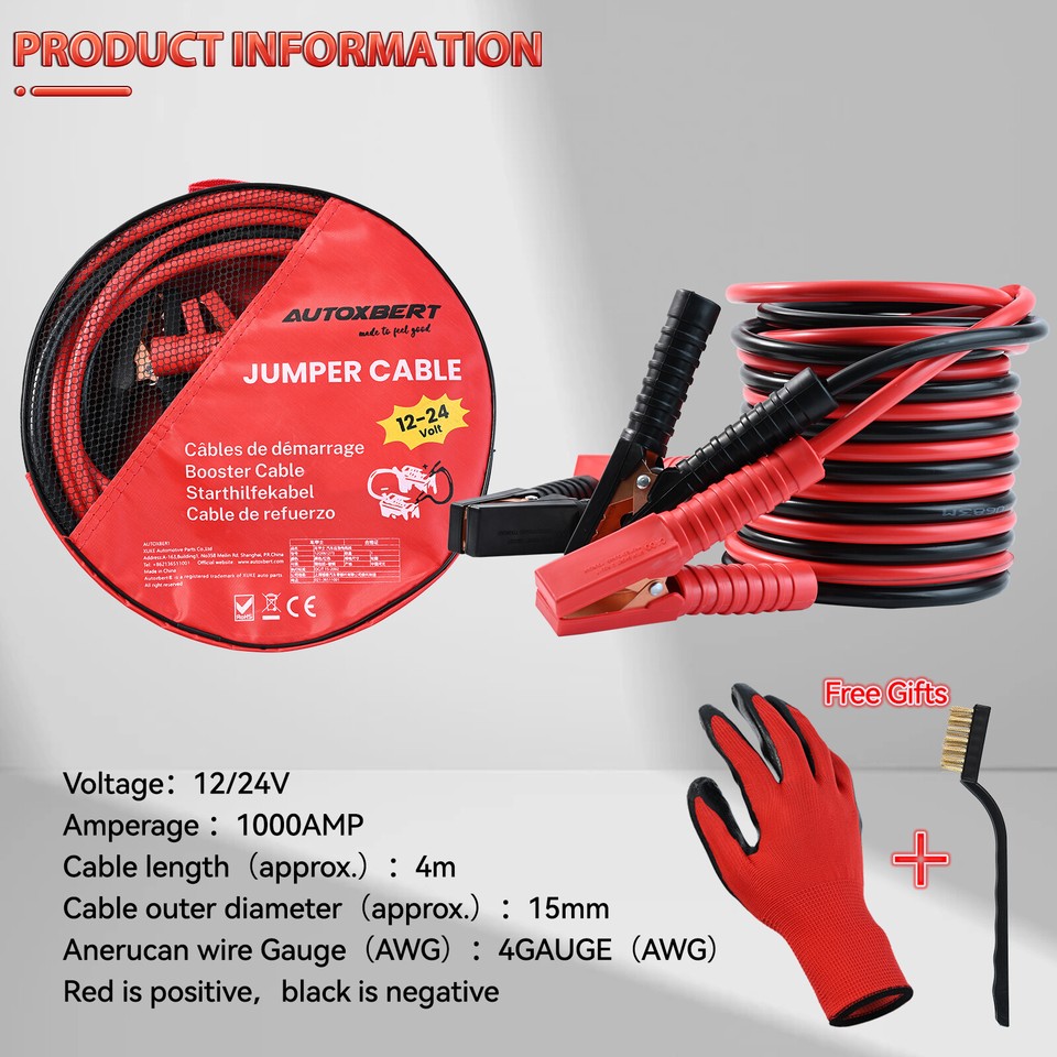 4 Gauge 1000AMP Heavy Duty Power Jumper Booster Cables Commercial Grade ...