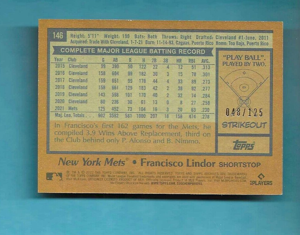 FRANCISCO LINDOR 2022 TOPPS ARCHIVES #146 GREEN BORDER METS LIMITED ...
