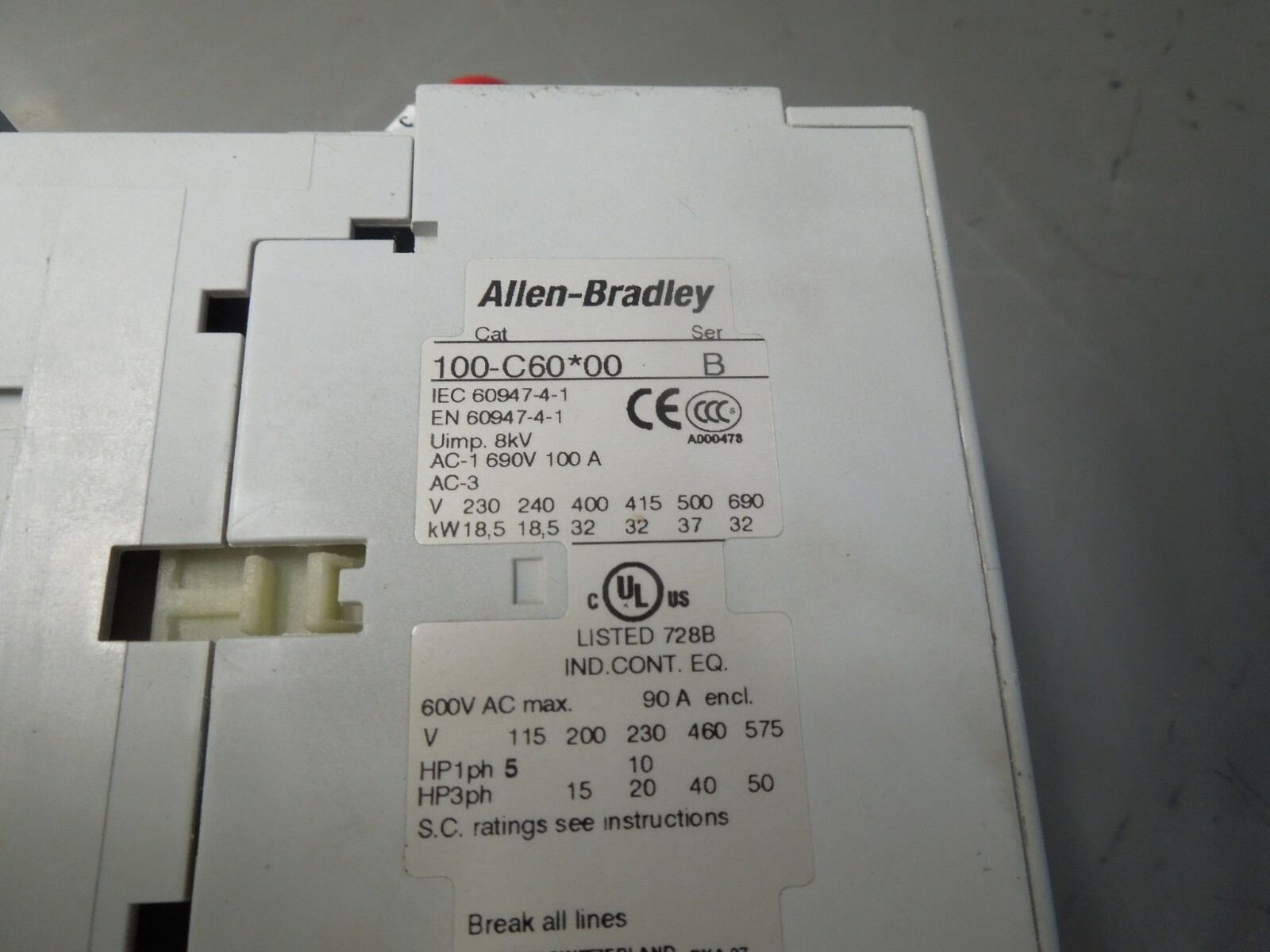 Allen Bradley 100-C60*00 Starter 90/100A 600V AC Max 18-30A 193-Tcc30 ...