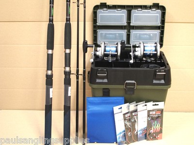 2 Fladen ROLLER TIP Rods Reels 7 ft Sea Fishing Boat Kit Seat Tackle ...