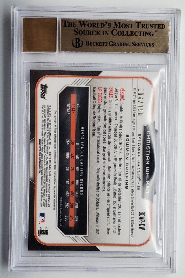 2015 Bowman Chrome Blue Christian Walker Autograph RC BGS 9.5 w/10 Auto ...