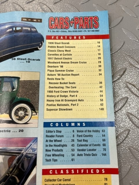 CARS & PARTS November 1998--Ohio junkyard, Stout-Scarab, 56 Ford, POCI ...