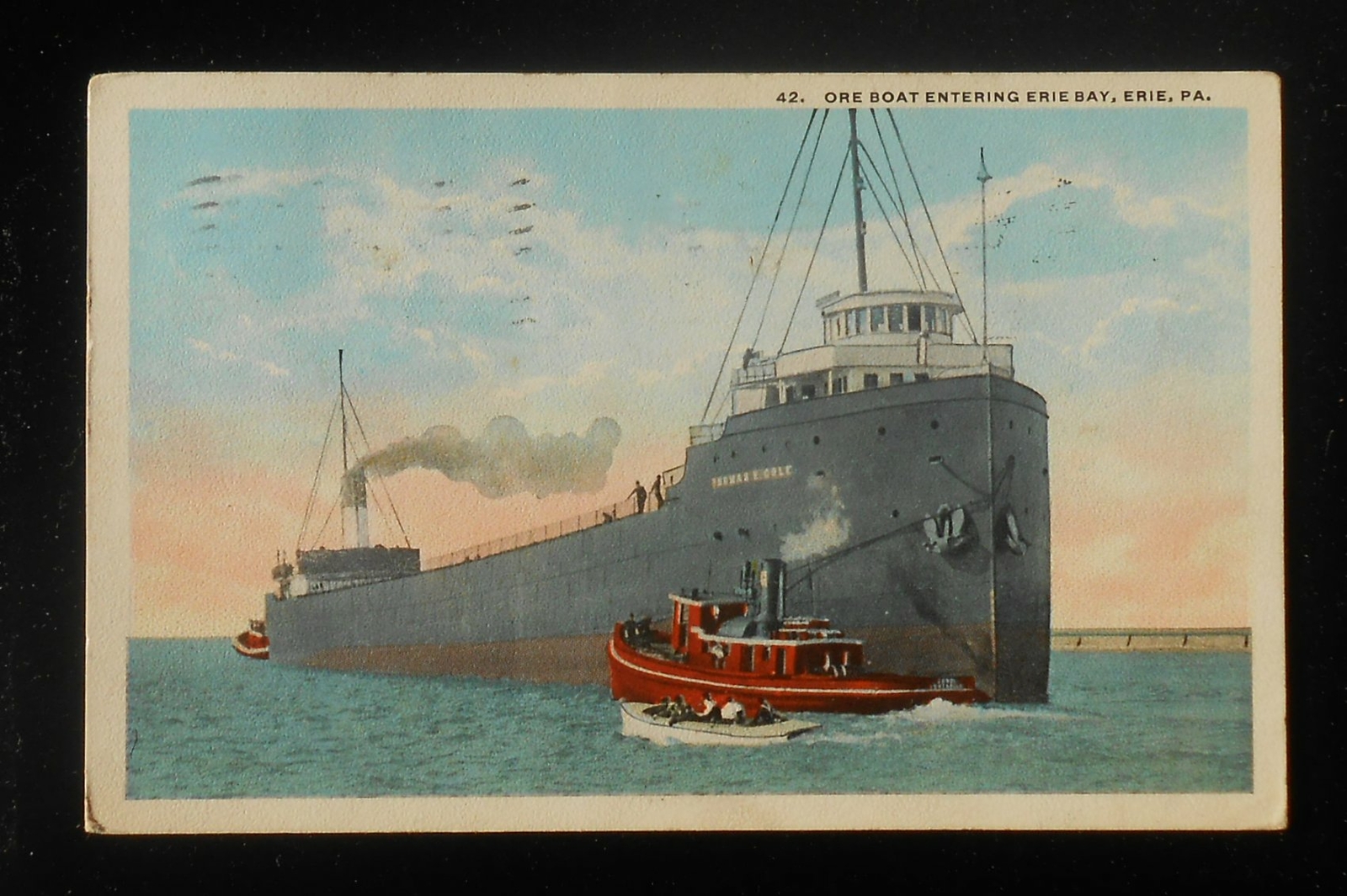 1918 Ore Boat Thomas E Cole Entering Erie Bay Tugboat Freighter ...