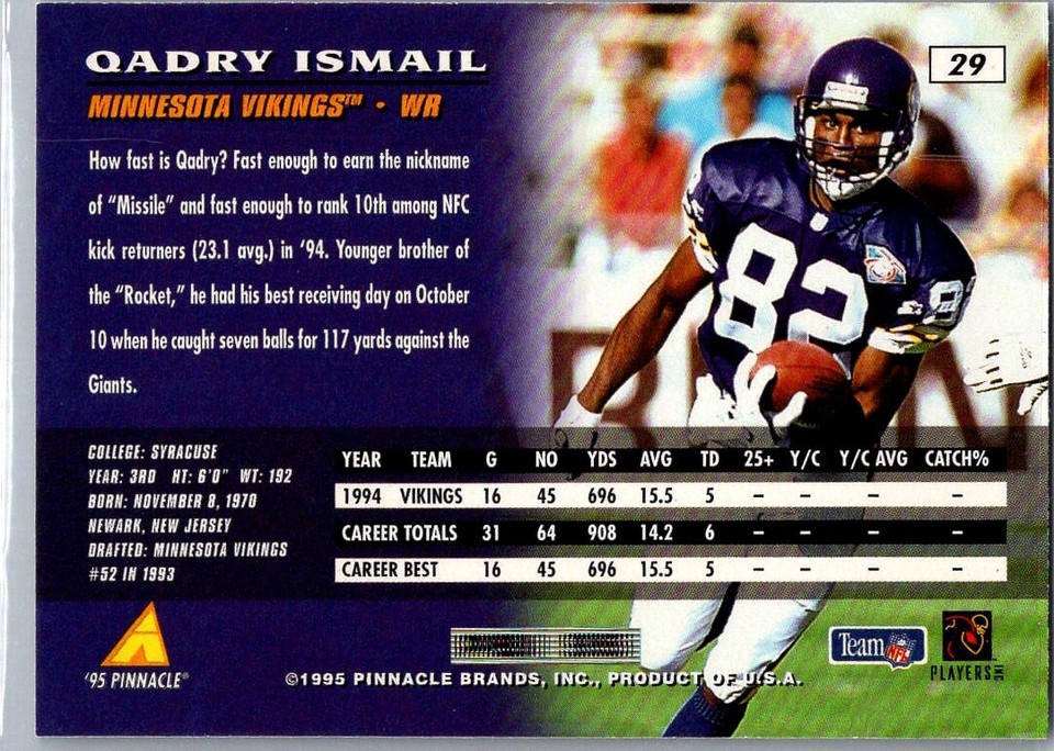 #29 Qadry Ismail Minnesota Vikings 1995 Pinnacle | eBay