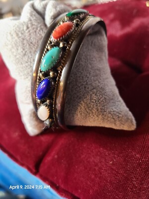 Beautiful Navajo Multi Stone Sterling Cuff Bracelet Signed Patina HS ...