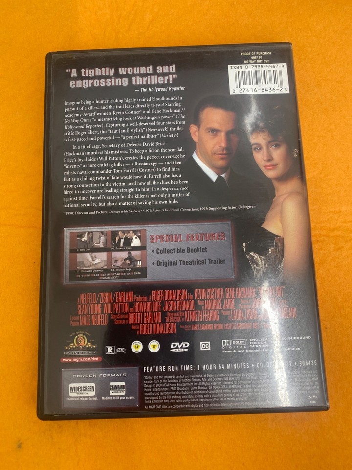 No Way Out DVD 1987 Kevin Costner Gene Hackman MGM Thriller With ...