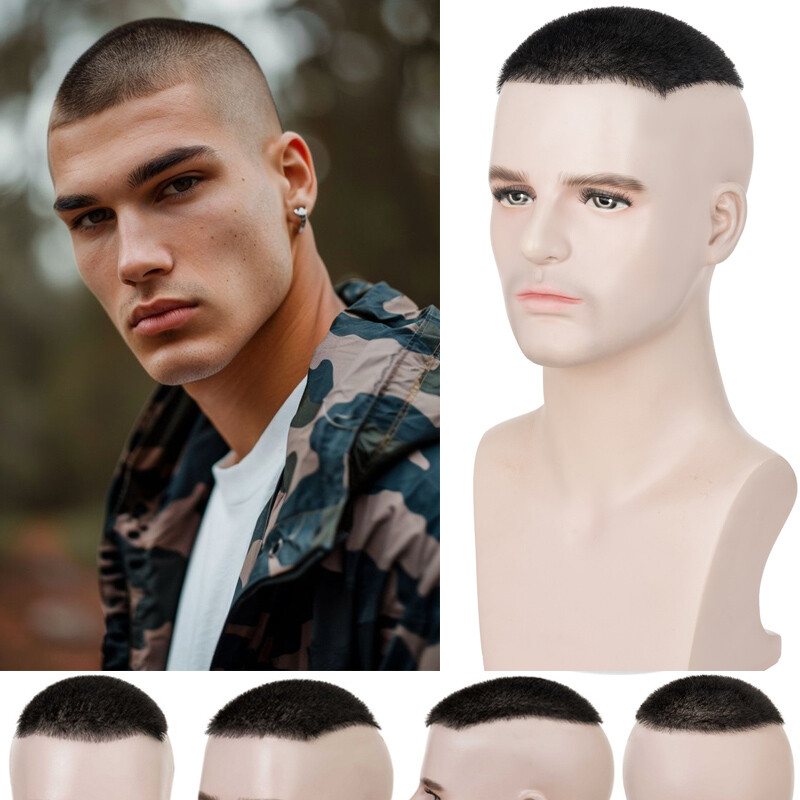 Mens Human Hair Toupee System Thin Skin PU Hairpiece Wig Short Buzz Cut ...