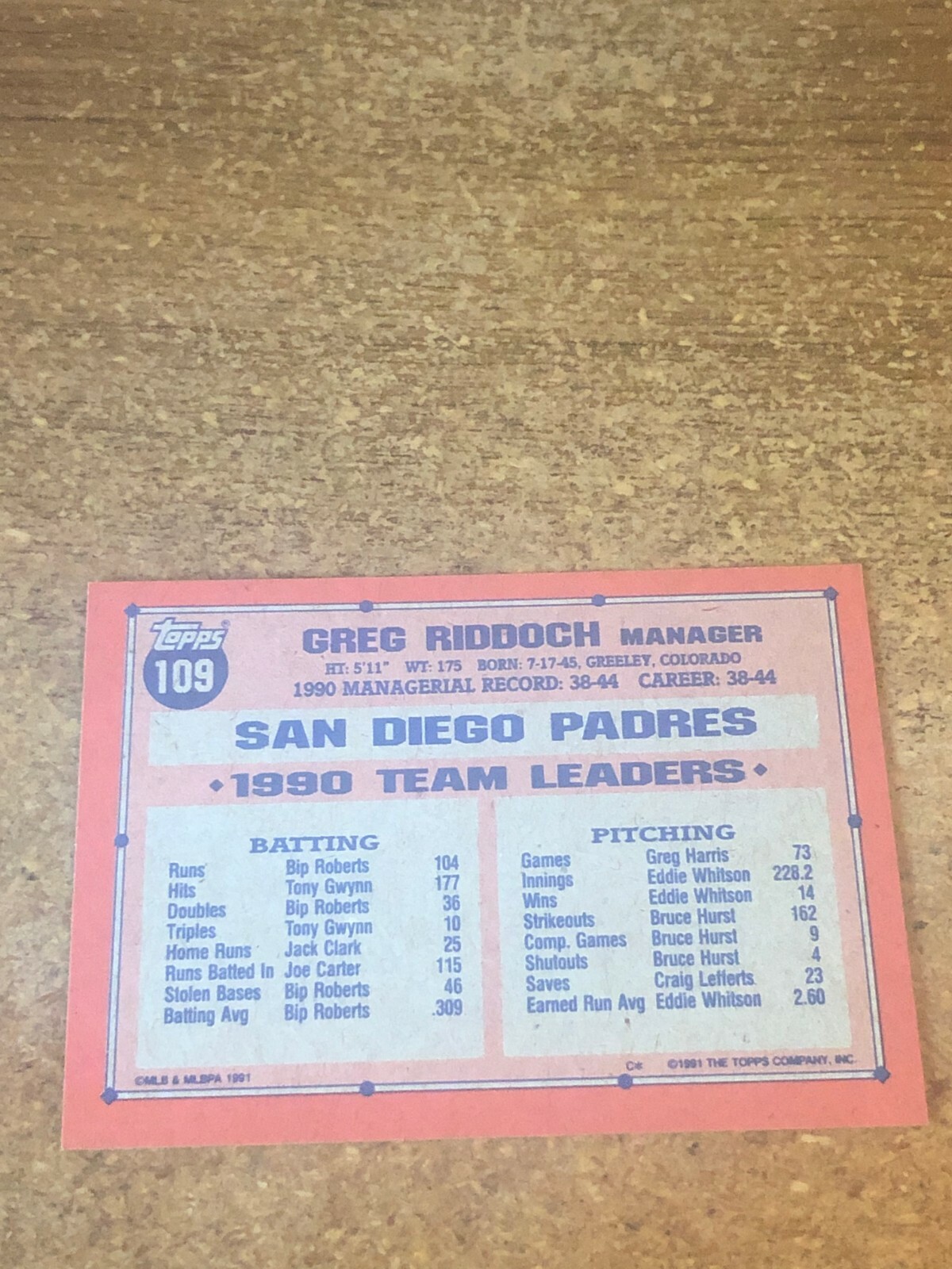 1991 Topps Baseball # 109 Greg Riddoch Padres Manager | eBay