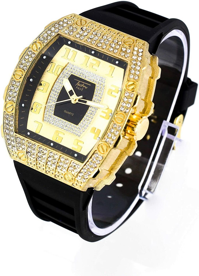 Men Iced Bling Rapper Simulate Lab Diamond Rubber Luxury Rectangle Gold ...