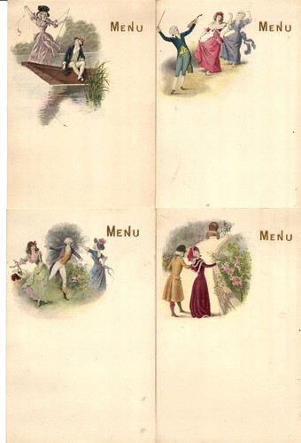 8 Menus (16cm X 10) Scènes galantes vers 1910. Le mot MENU est en ...
