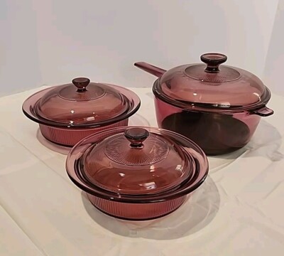 Vision by Corning Cranberry Glass Cookware 6 Piece Set Pyrex Lids USA ...