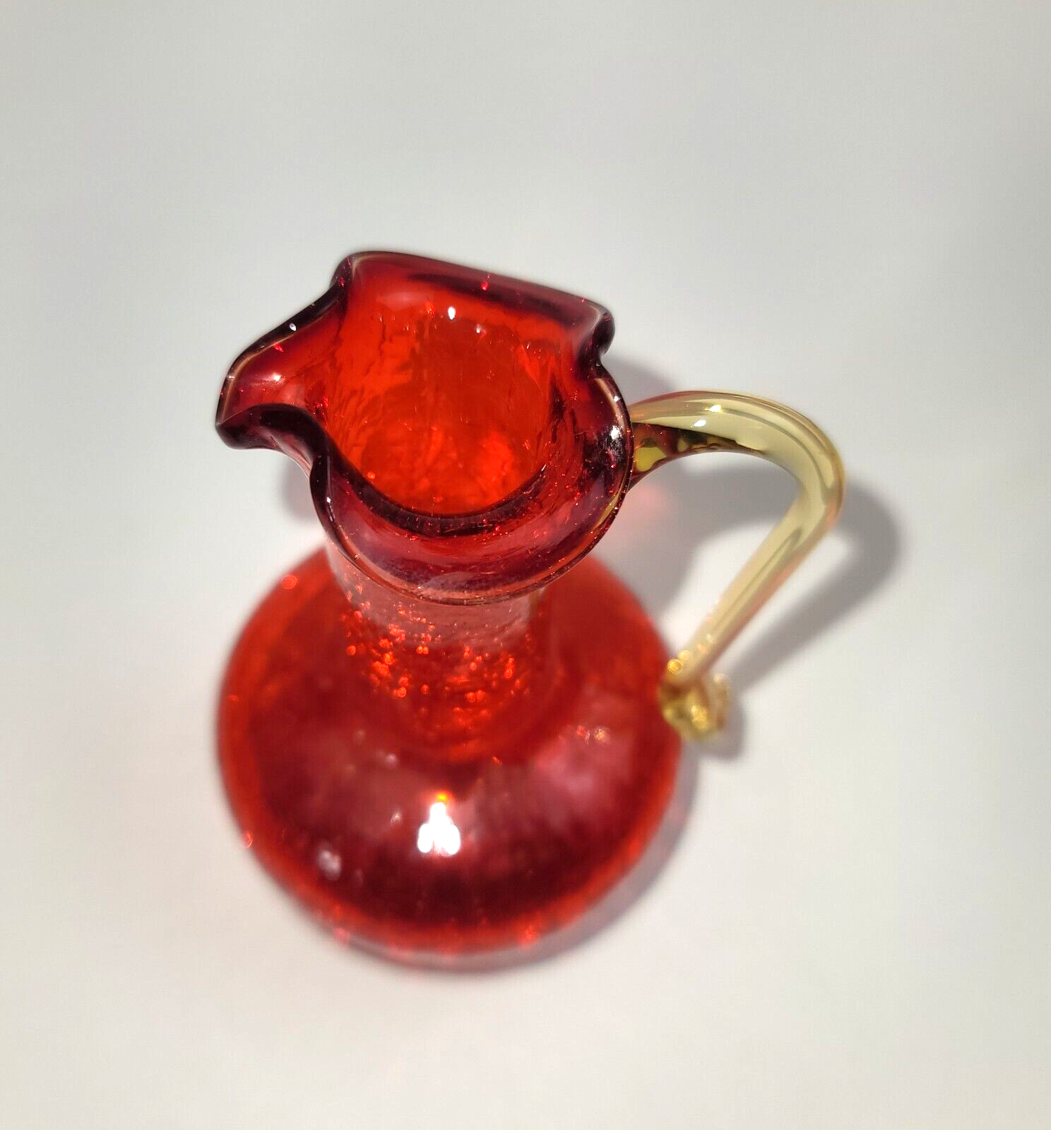 Blenko Red Crackle Vase w Yellow Handle 5" | eBay